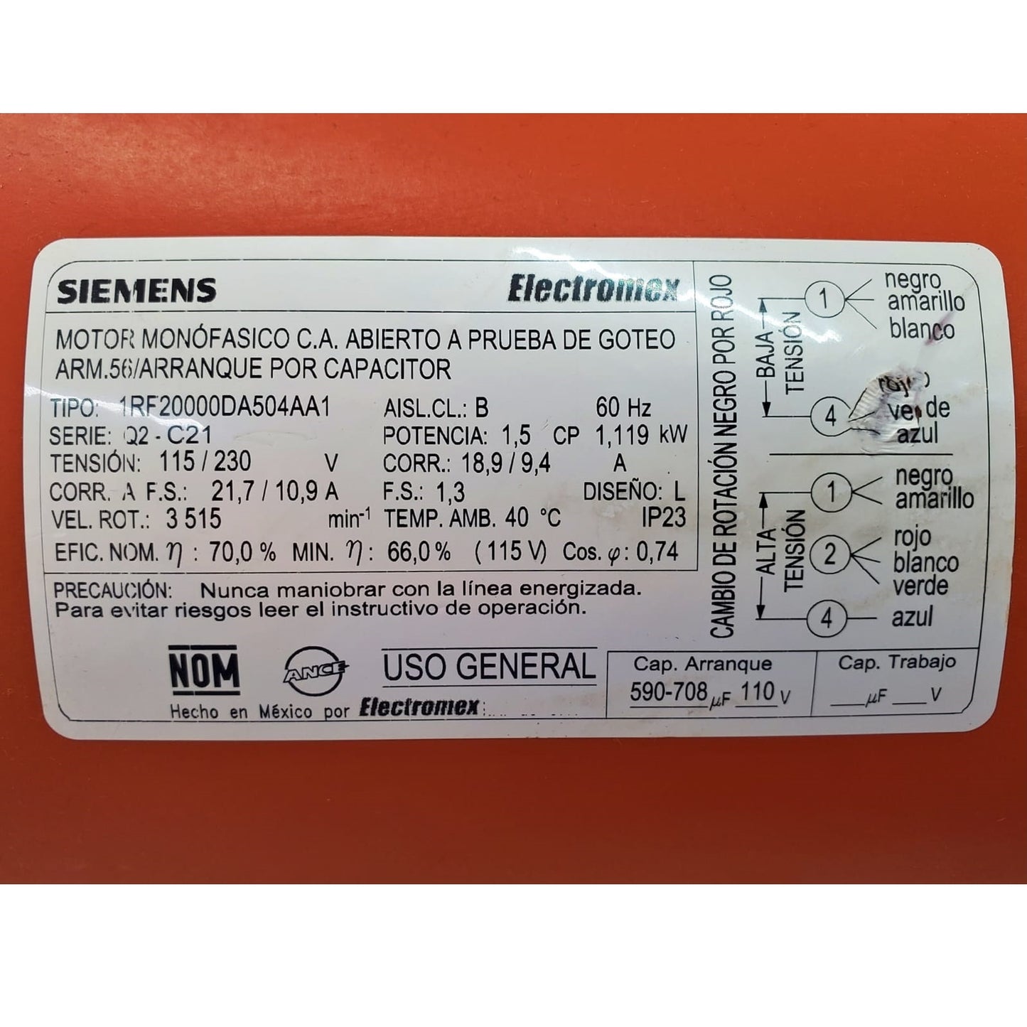 Motor Monofásico 1.5 Hp Siemens Uso General 3550 rpm – Torke