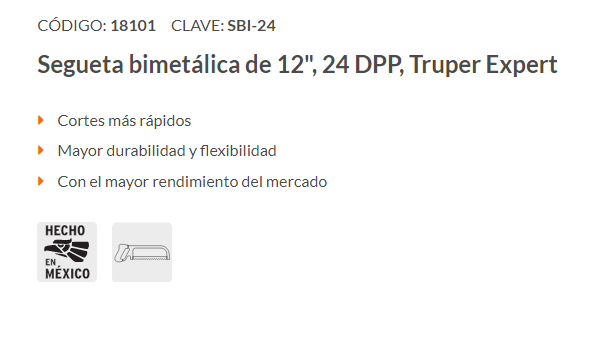 Segueta bimetálica de 12″ 24 DPP Truper Expert SBI-24 – Torke